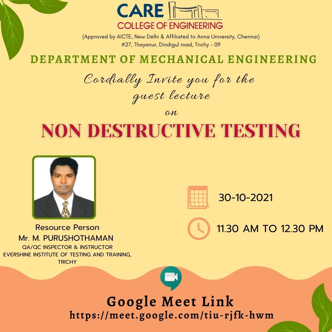 Guest Lecture on NON DESTRUCTIVE TESTING - CARE College of Engineering