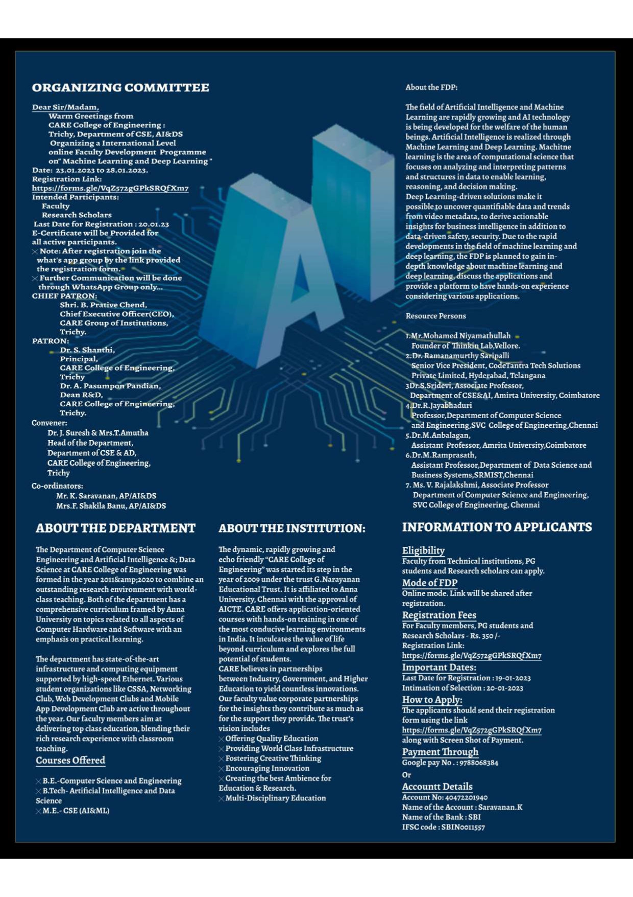FDP on "Machine Learning and Deep Learning" - CARE College of Engineering