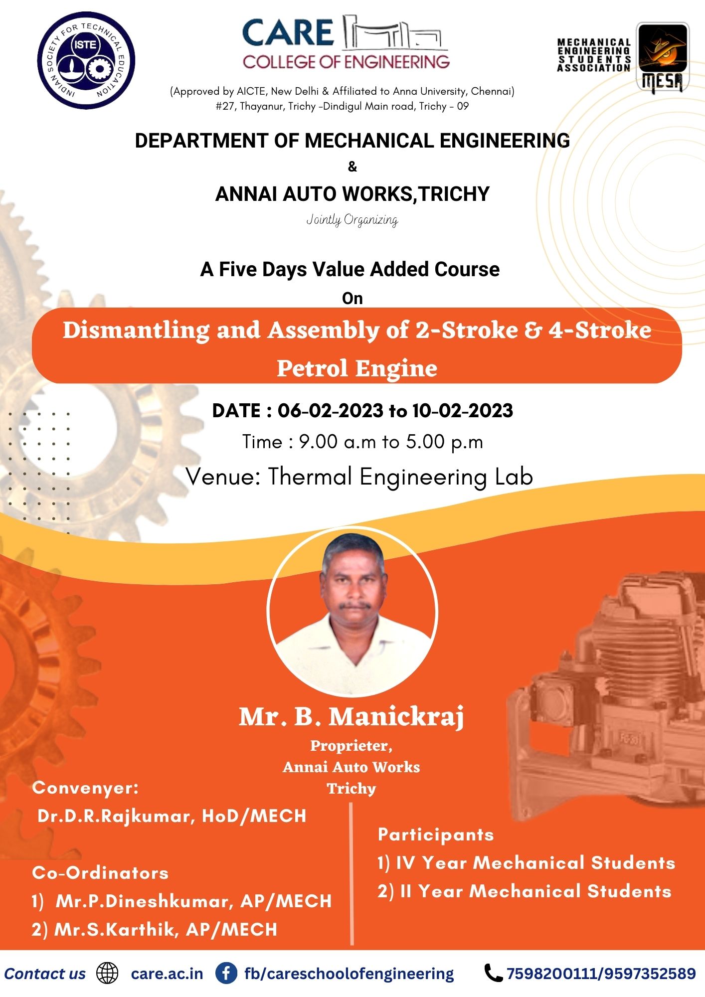 A Five Days Value Added Courses on “Dismantling and Assembly of 2 & 4 Stroke Petrol Engines ...