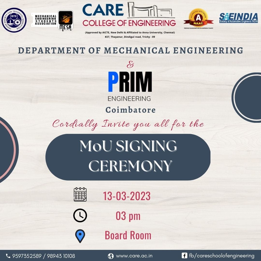 MoU Signing Ceremony with Prim Engineering, Coimbatore - CARE College ...