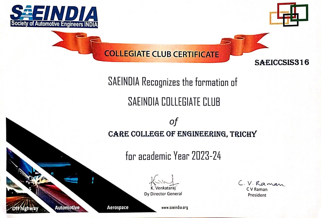 SAE INDIA COLLEGIATE CLUB - MECHANICAL ENGINEERING - CARE College of ...