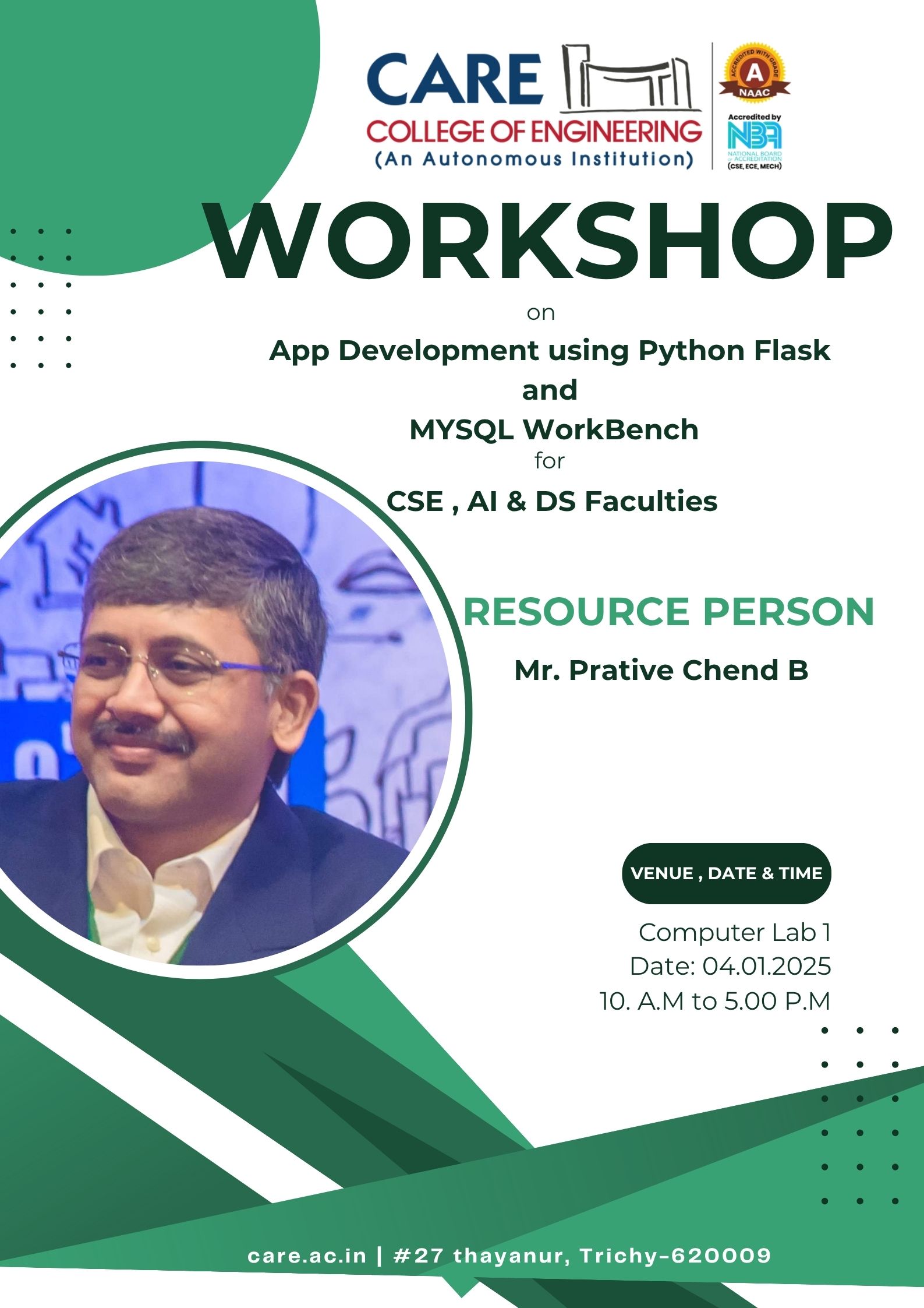 Workshop on "APP Development Using Python Flask with MYSQL WorkBench" - CARE College of Engineering