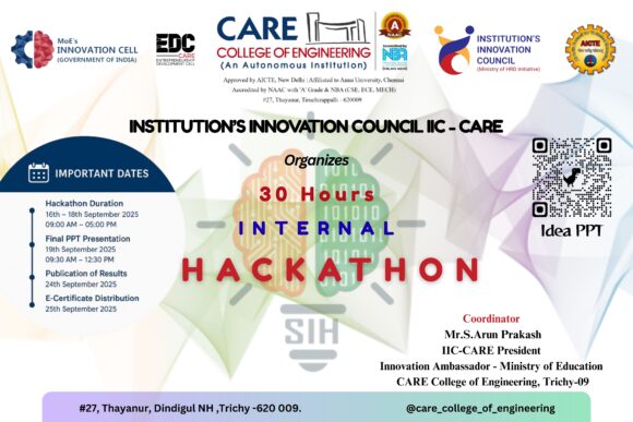 30-Hours Internal Hackathon for Smart India Hackathon 2025 conducted by IIC-CARE - CARE College ...